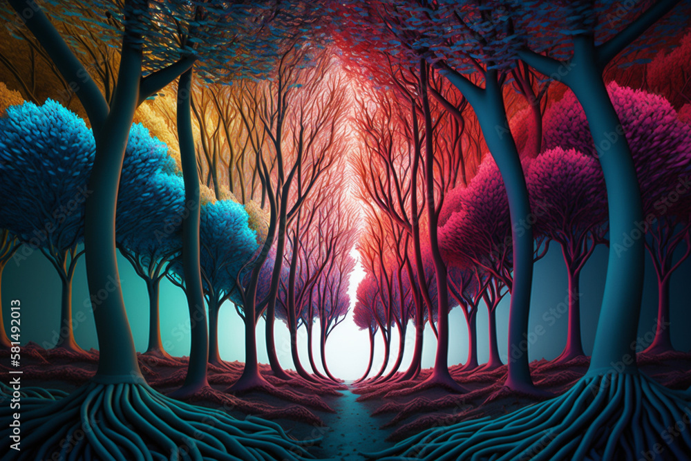 Forest filled with prismatic trees made from twisted fiber and paint ...