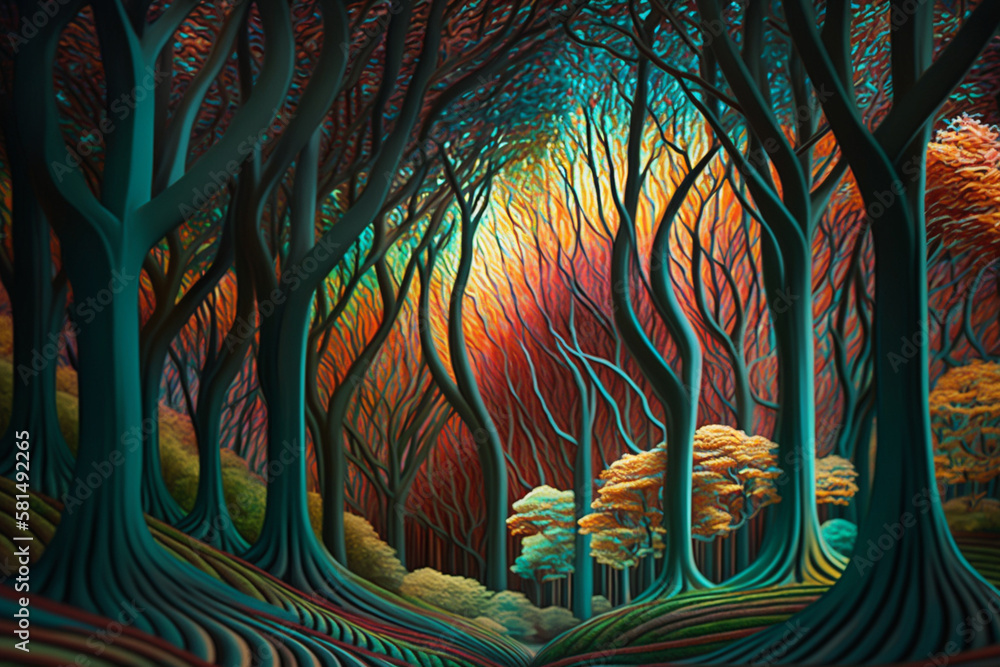 Forest filled with prismatic trees made from twisted fiber and paint ...