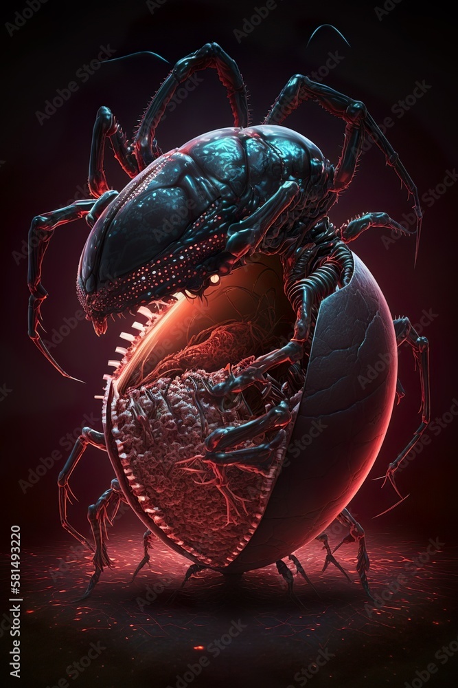 Dark sci-fi horror alien insect type creature hatching from egg concept ...