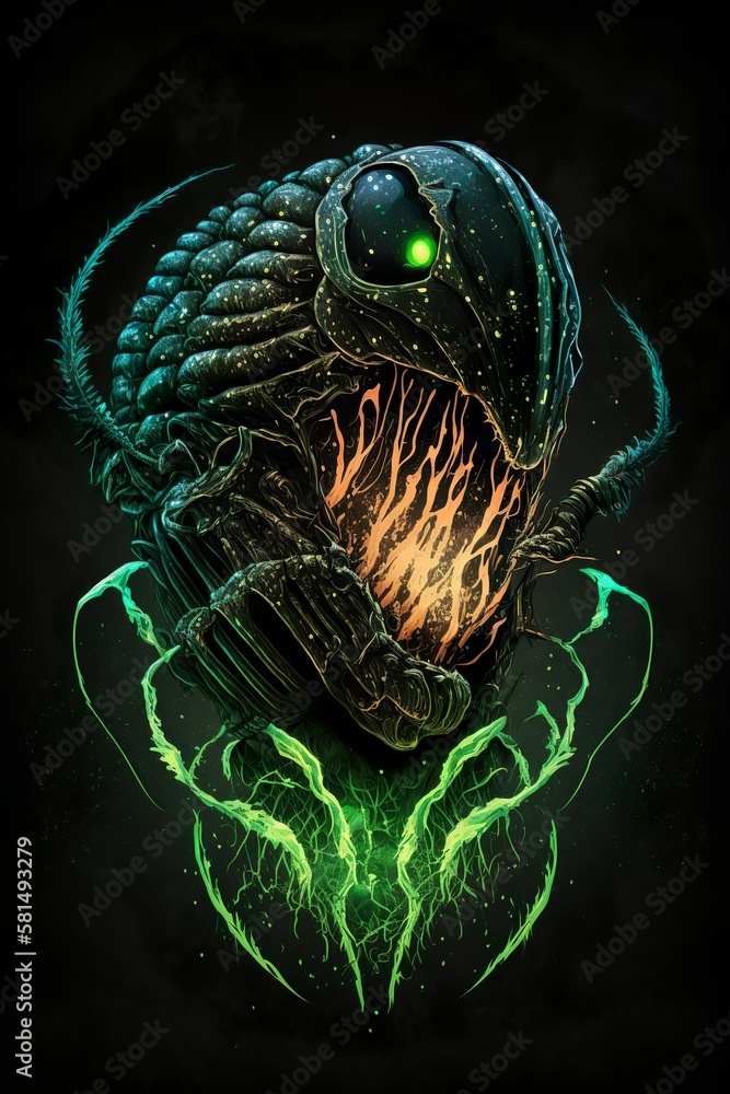 Dark sci-fi horror alien insect type creature hatching from egg concept ...