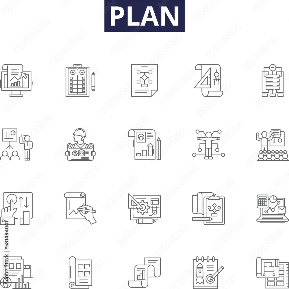 Plan line vector icons and signs. Design, Map, Outline, Arrange ...