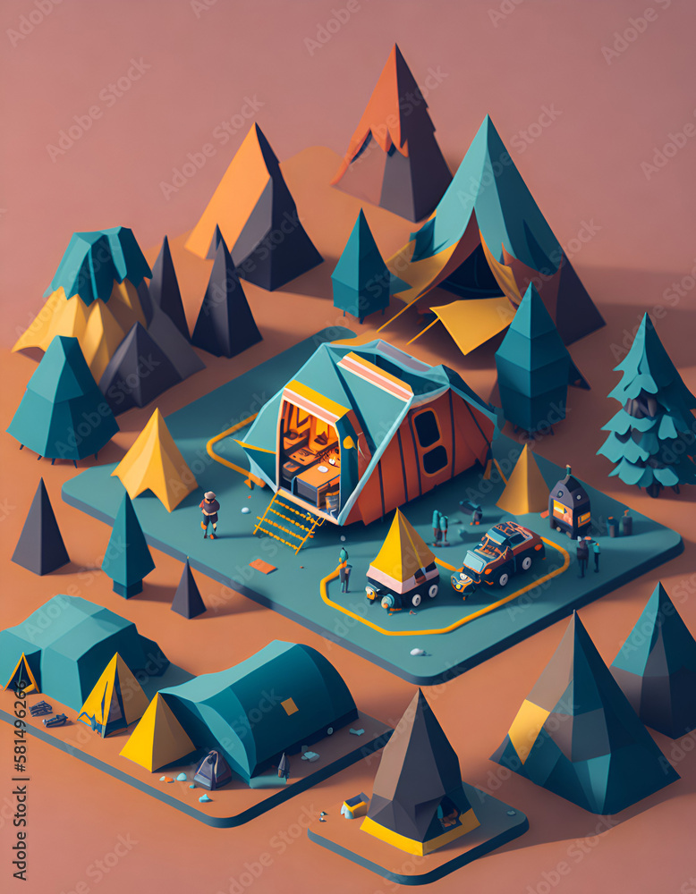 Isometric graphic image camping site in the forest. There are tents of ...