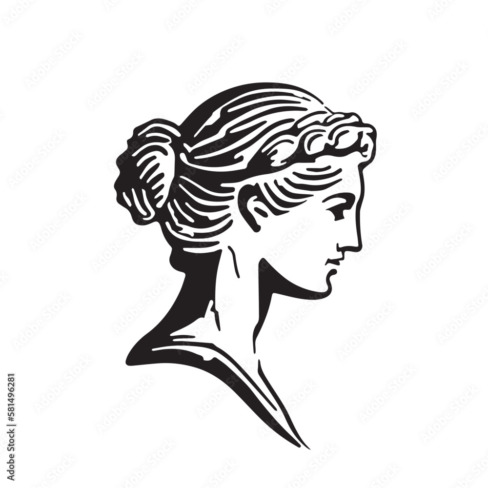Ancient Greek woman head logo. Hand drawn vector illustration of female ...