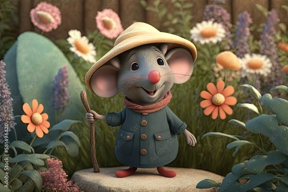 Cute Cartoon Story Book Mouse Character in a Garden Wearing a Hat ...