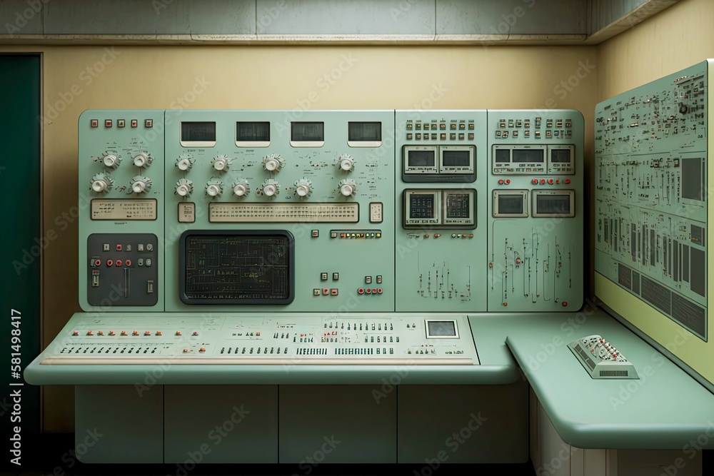 technical hall of nuclear power plant with nuclear reactor control panel, created with ...