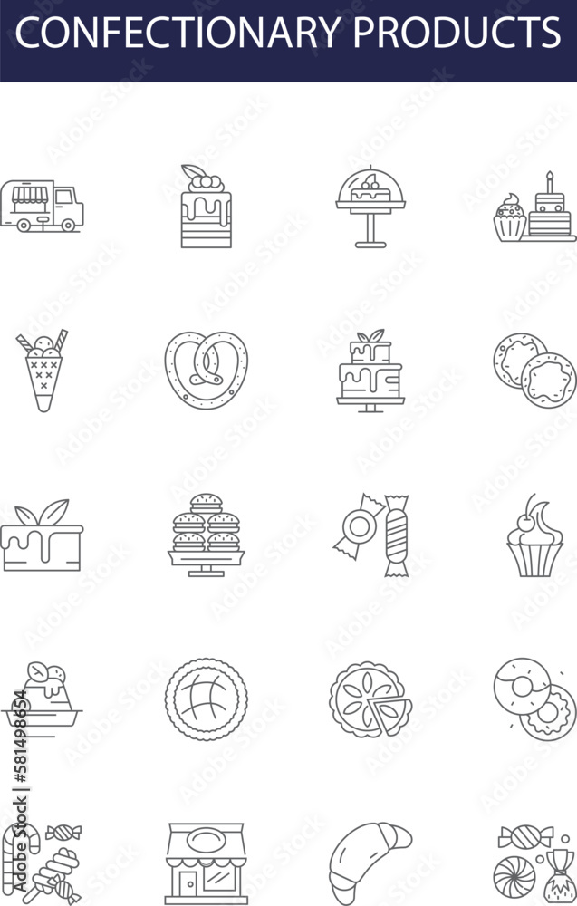 Confectionary products line vector icons and signs. Cookies, Cake ...