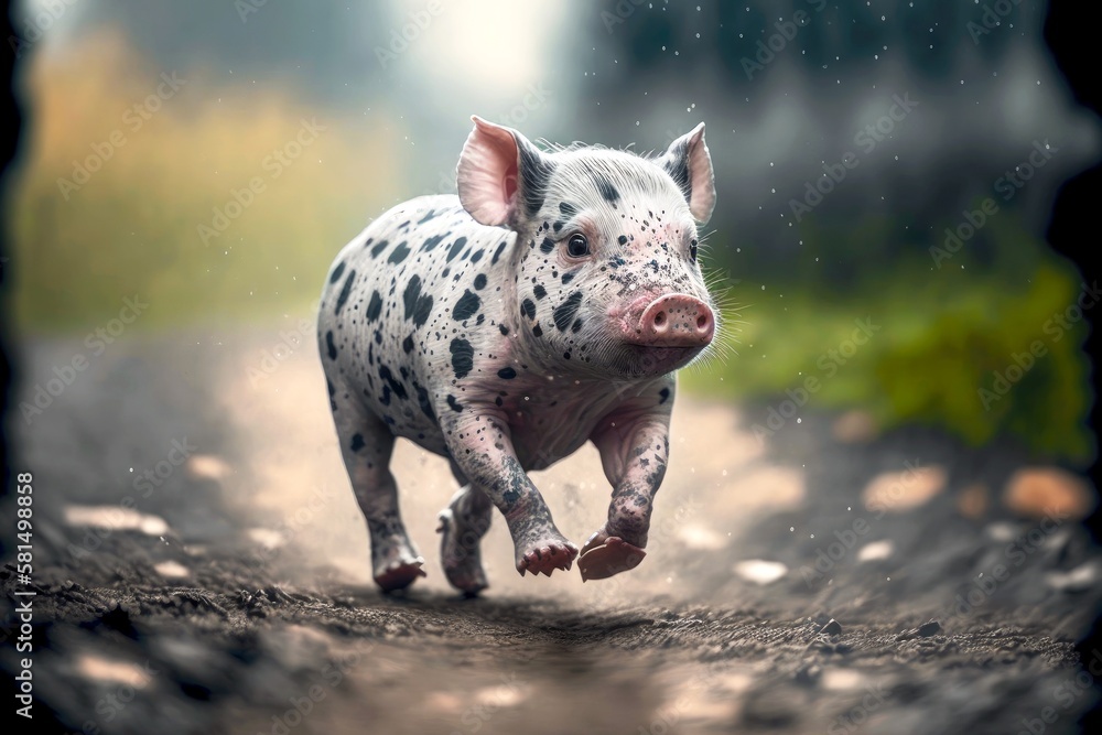 funny little piglet with dark gray spots all over body running along ...