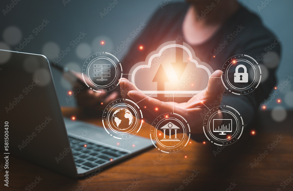 man use Laptop and Smart phone with cloud computing diagram show on ...