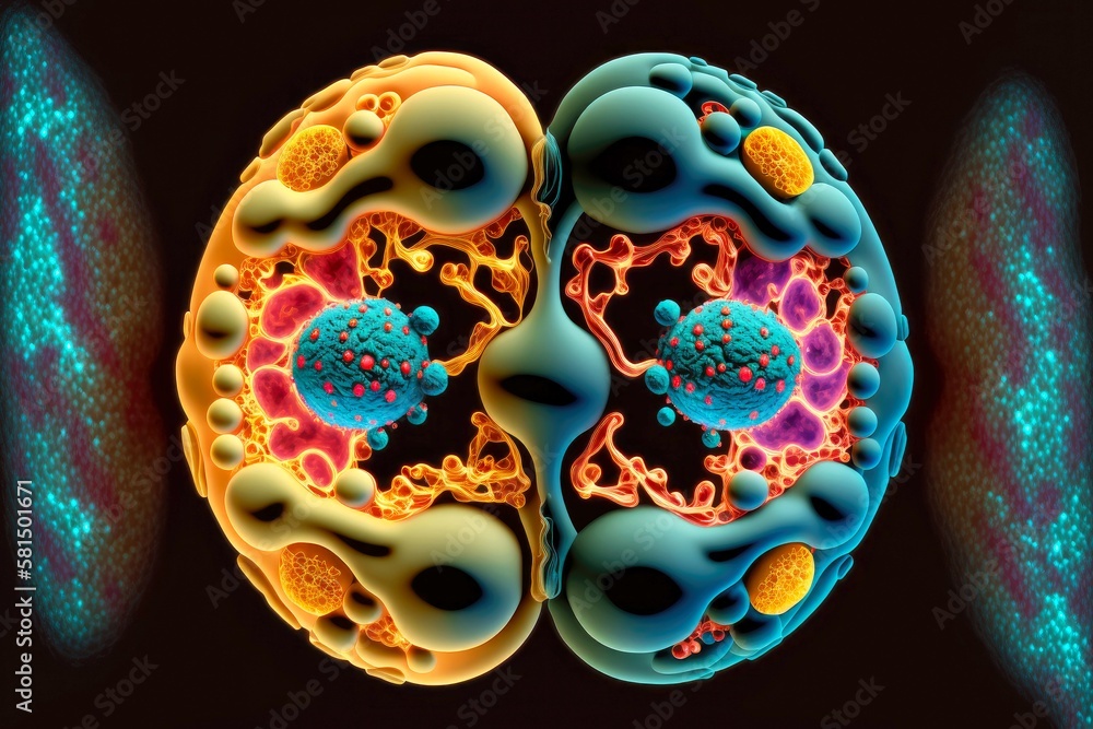 one molecule splitting into two parts in process of cell division ...