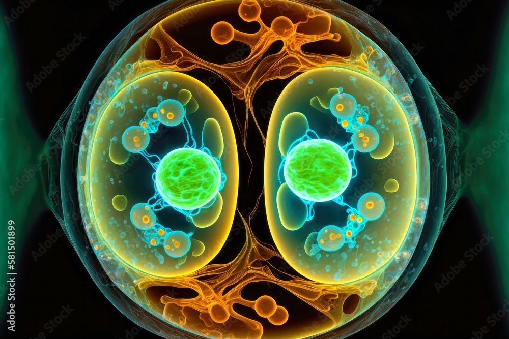 transparent cell with two nuclei in process of cell division, created ...