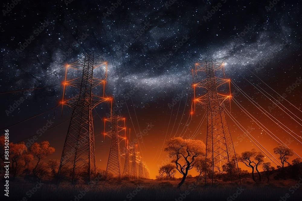 Electricity transmission towers with orange glowing wires in the starry night sky. Energy ...