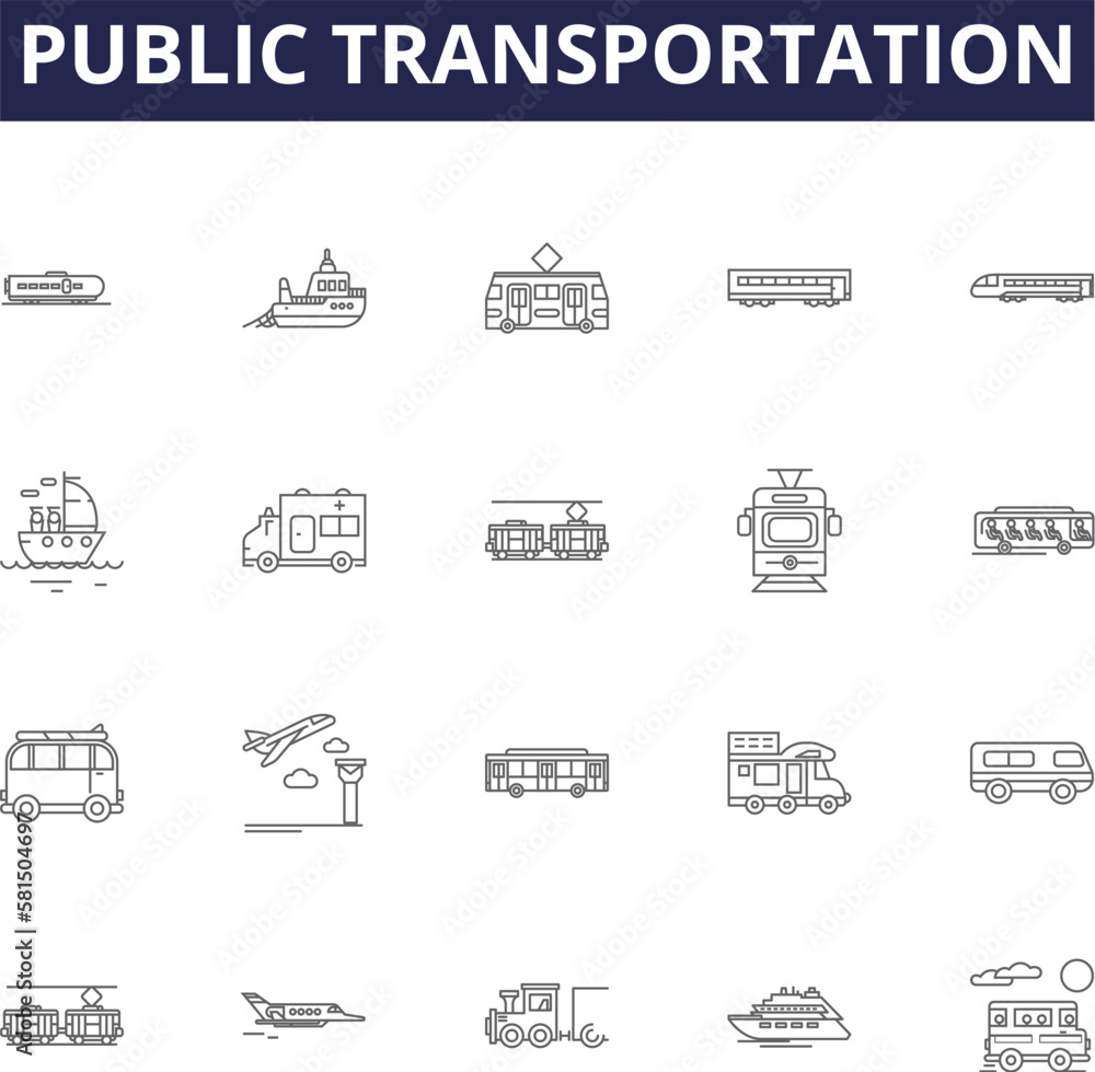 Public transportation line vector icons and signs. Buses, Trains ...