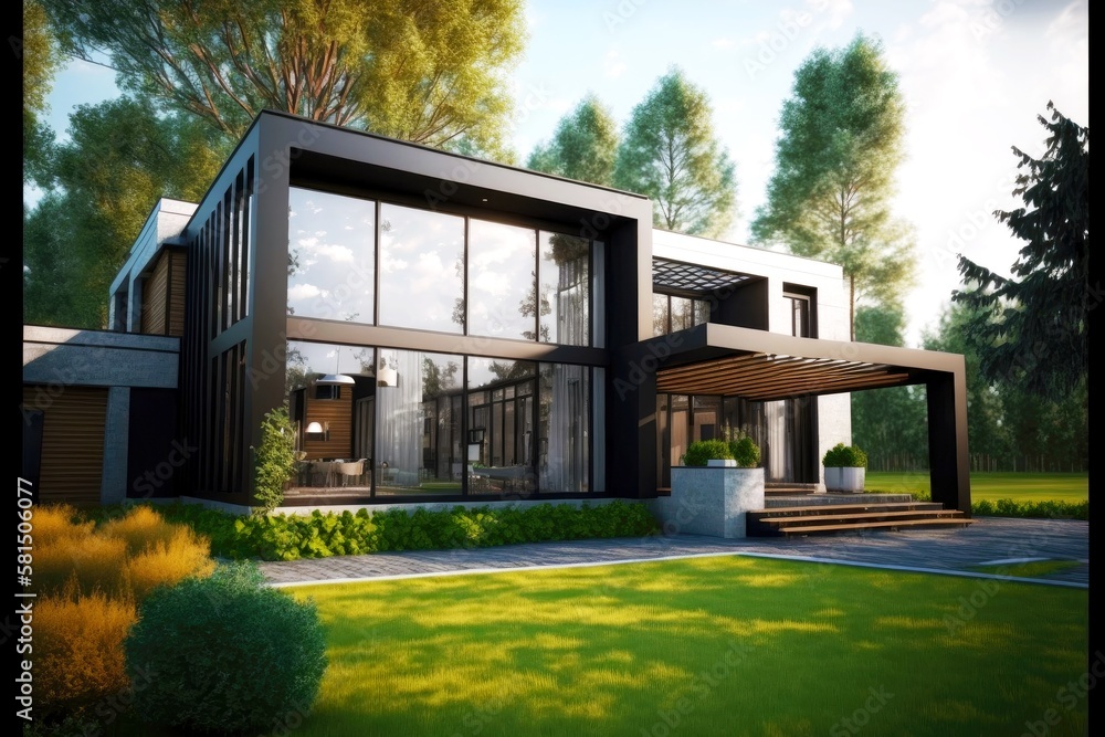 modern house design project with original style and lawn, created with ...
