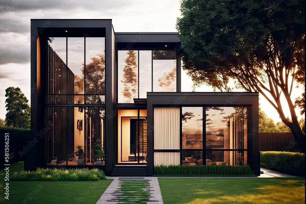 original modern house with long windows and well-groomed trimmed lawn ...