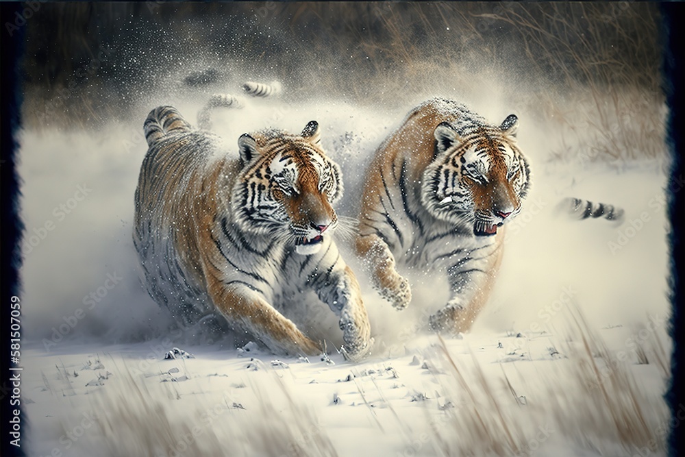 Siberian Tiger running in the snow and catching their prey. Very ...