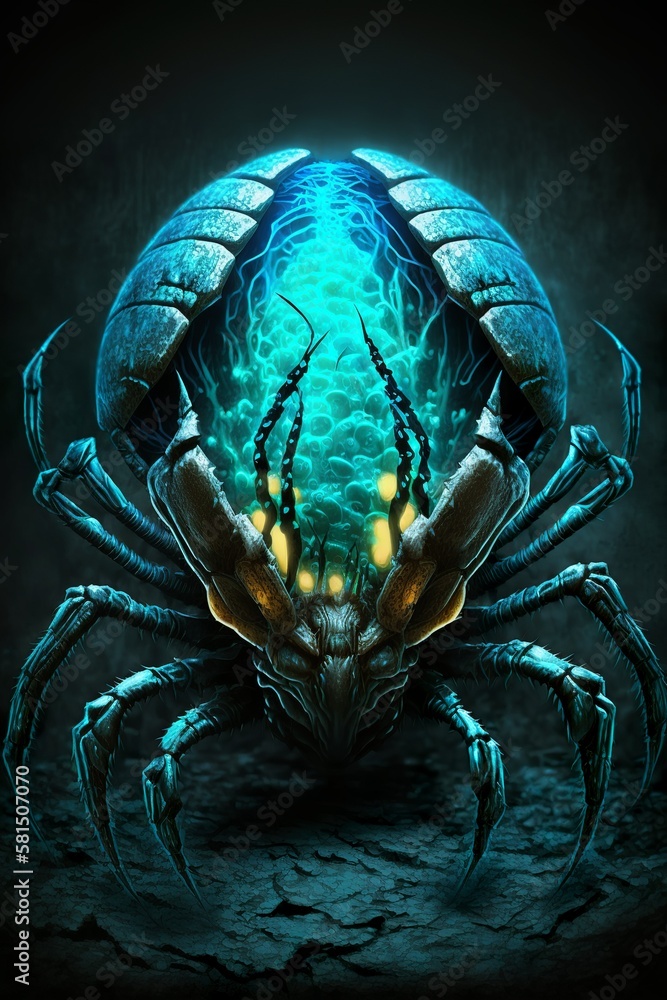 Sci-fi blue spider-like alien insect type creature hatching from egg ...
