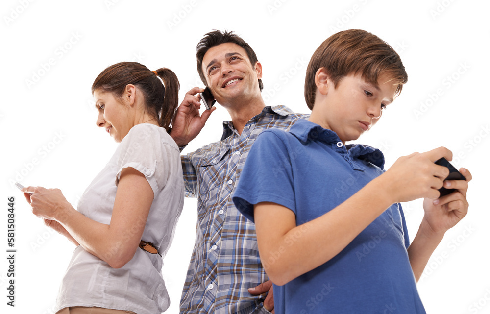 Devices meeting all their needs. Three family members standing together ...