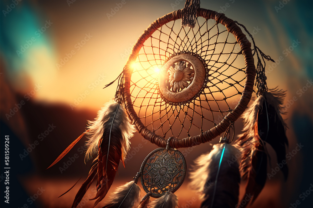 Dream catcher native american in the wind and blurred bright light ...