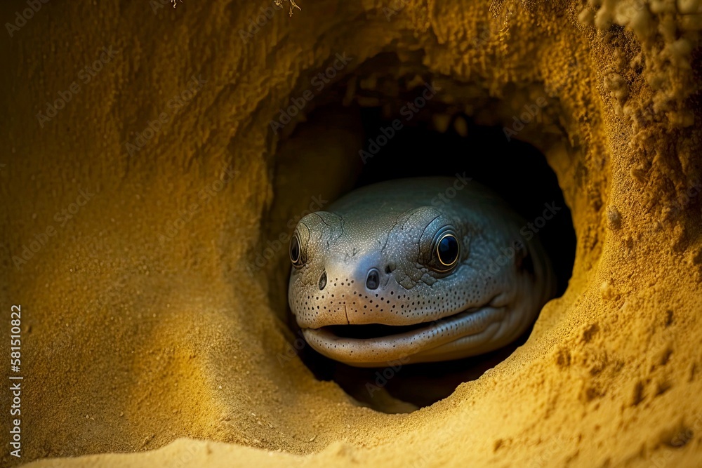 Stockillustratie head of grey moray eel poking out of sand burrow at ...