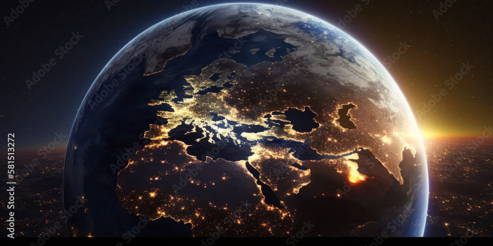 Sunrise on planet Earth viewed from space with city lights in Europe ...
