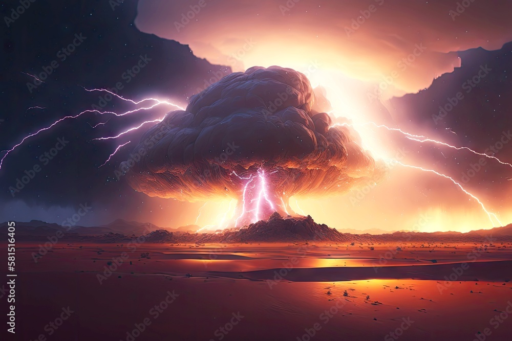 thunderstorm supercell with giant lightning over desert , made with ...
