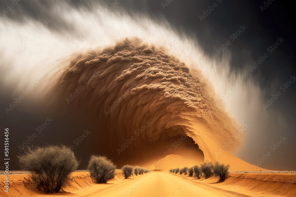 large sand storm formed from grey cloud over road in desert , made with ...
