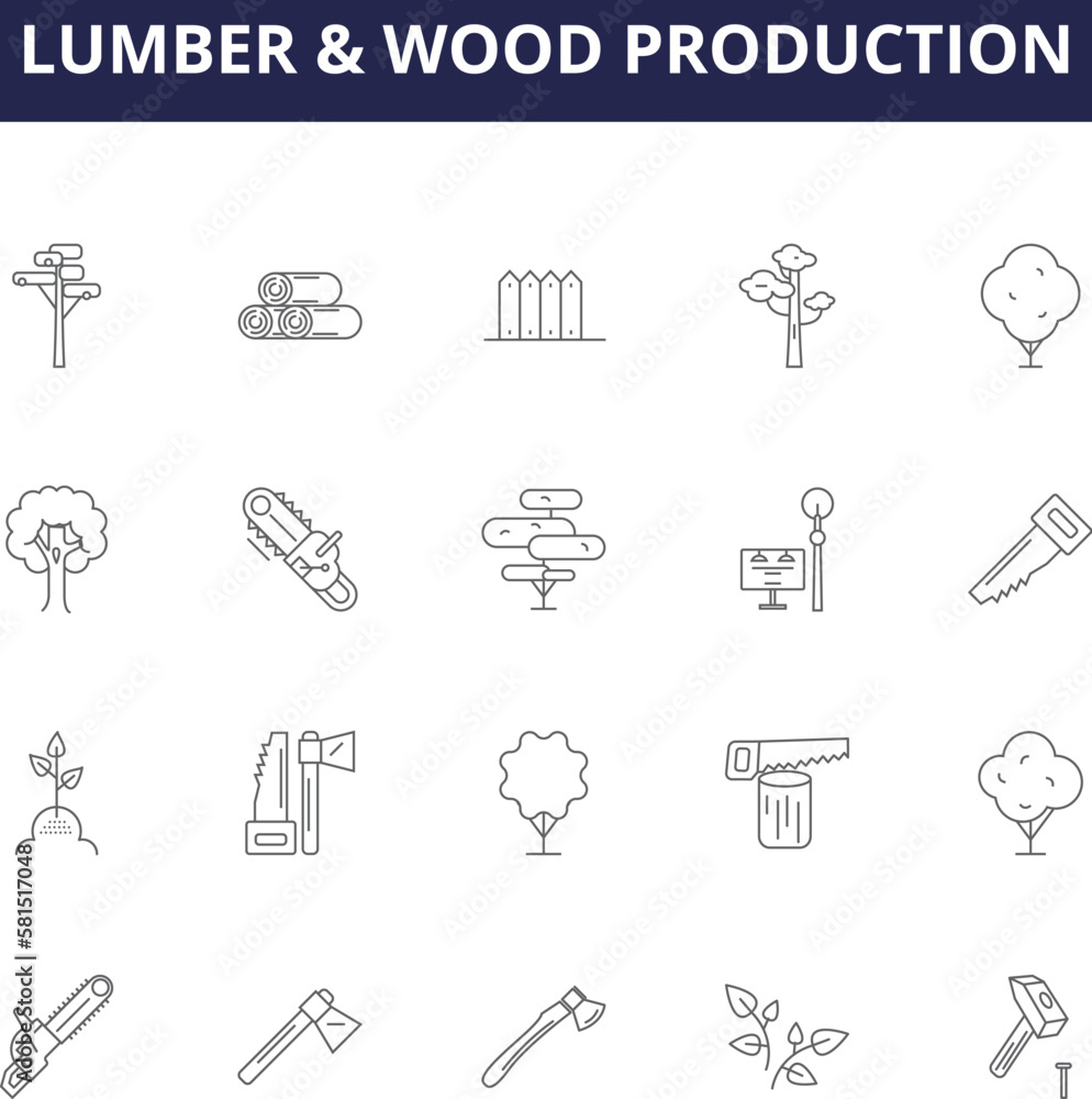 Lumber & wood production line vector icons and signs. Sawmilling ...
