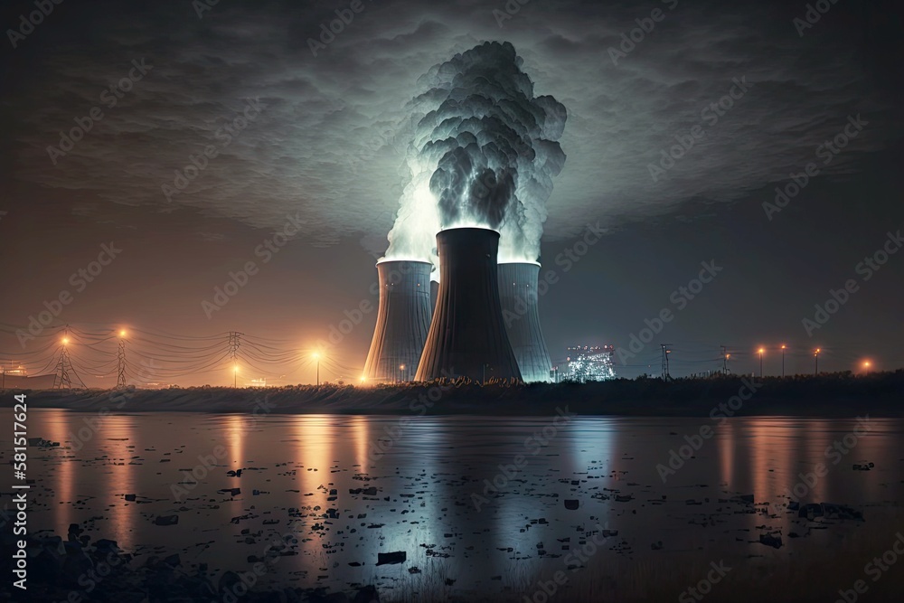 nuclear power plant with nuclear reactor illuminated by lights in ...
