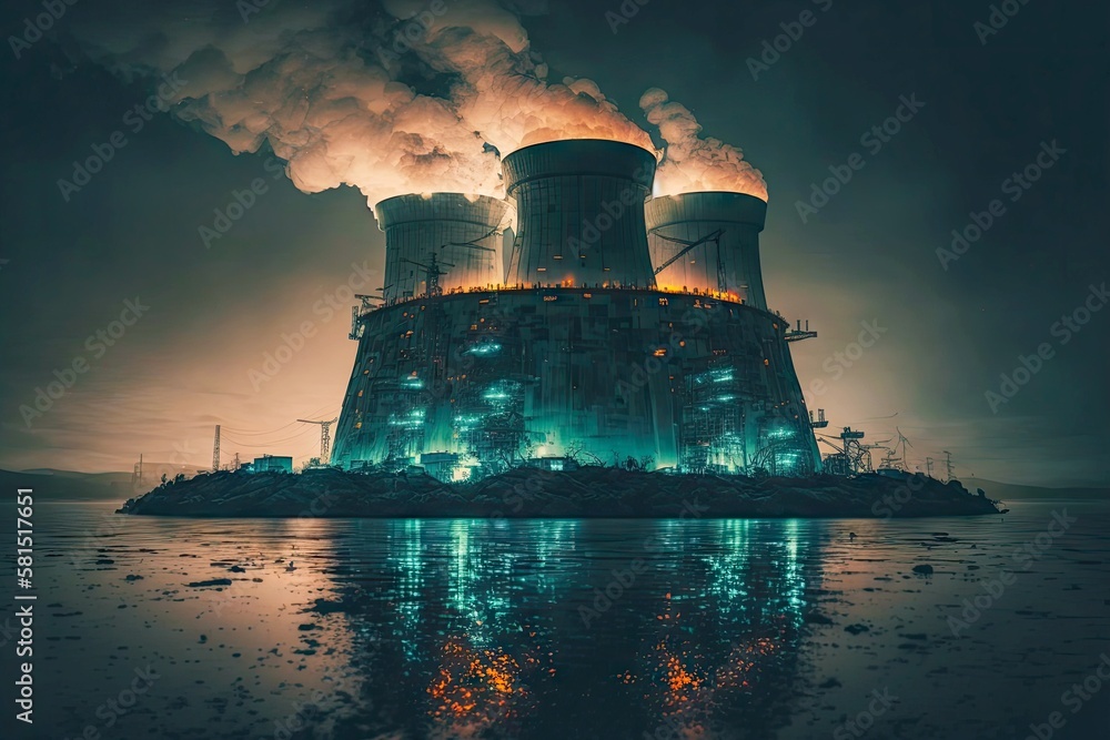 nuclear power plant with nuclear reactor illuminated by lights in ...