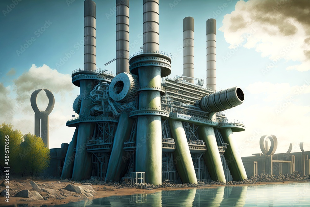 river-bank nuclear reactor with big pipes for power generation, created ...