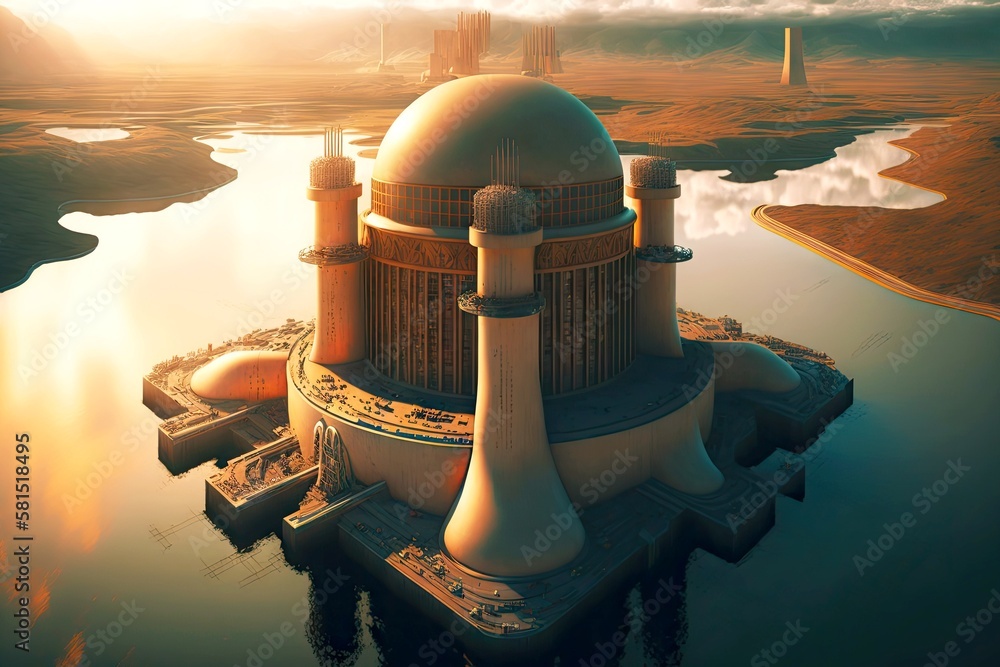 nuclear reactor of large power plant located in middle of reservoir ...