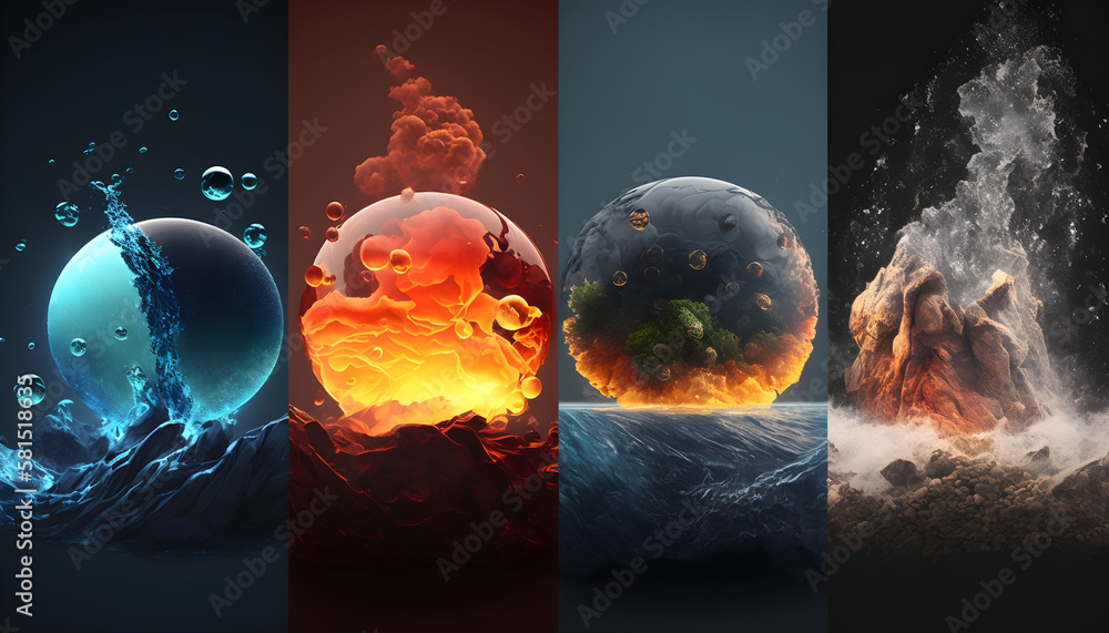 4 elements, background image in a mixed style, dark background and ...