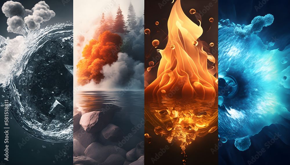 4 elements, background image in a mixed style, dark background and ...