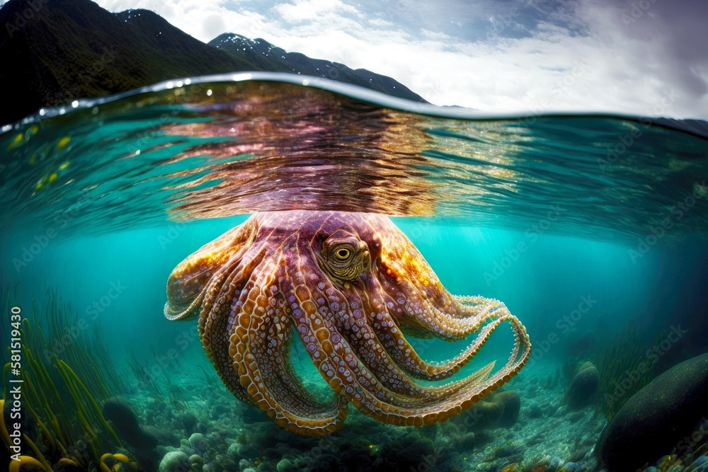floating in clear water octopus sea with spread tentacles, created with ...