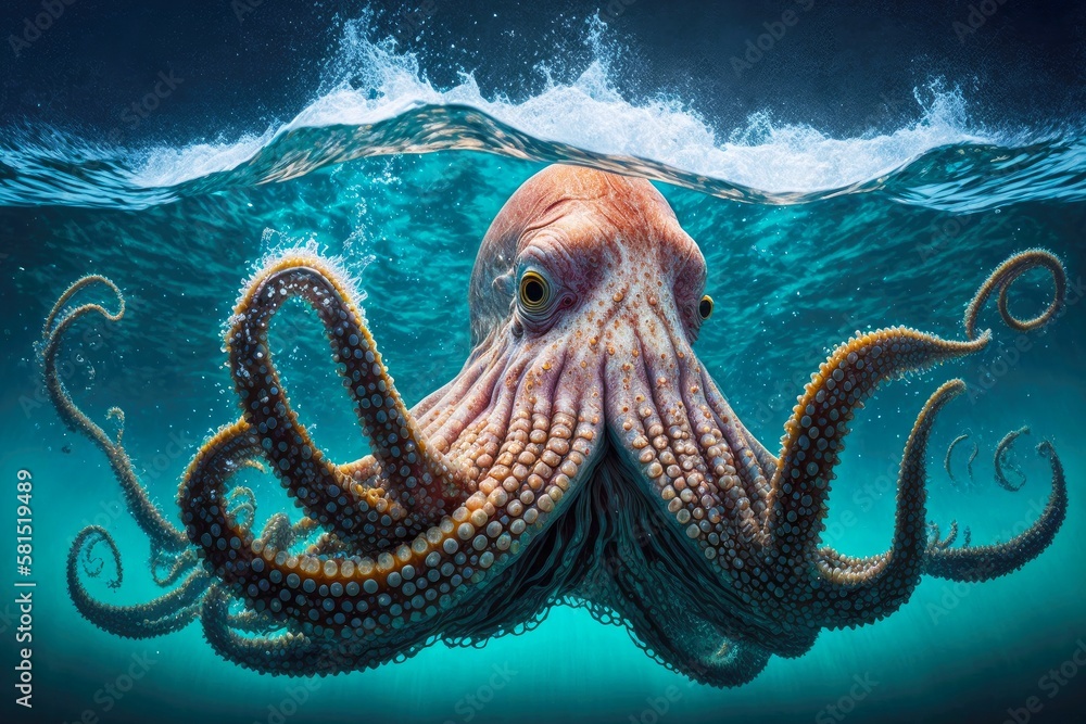 large octopus sea waves tentacles and floats on surface of water ...
