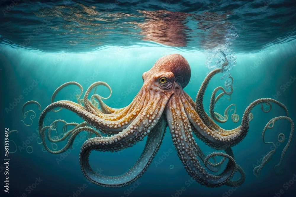 large octopus sea waves tentacles and floats on surface of water ...