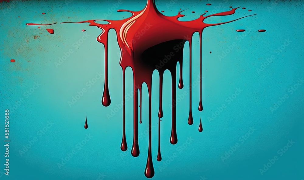 a red liquid dripping down from a blue background with a red spot on ...