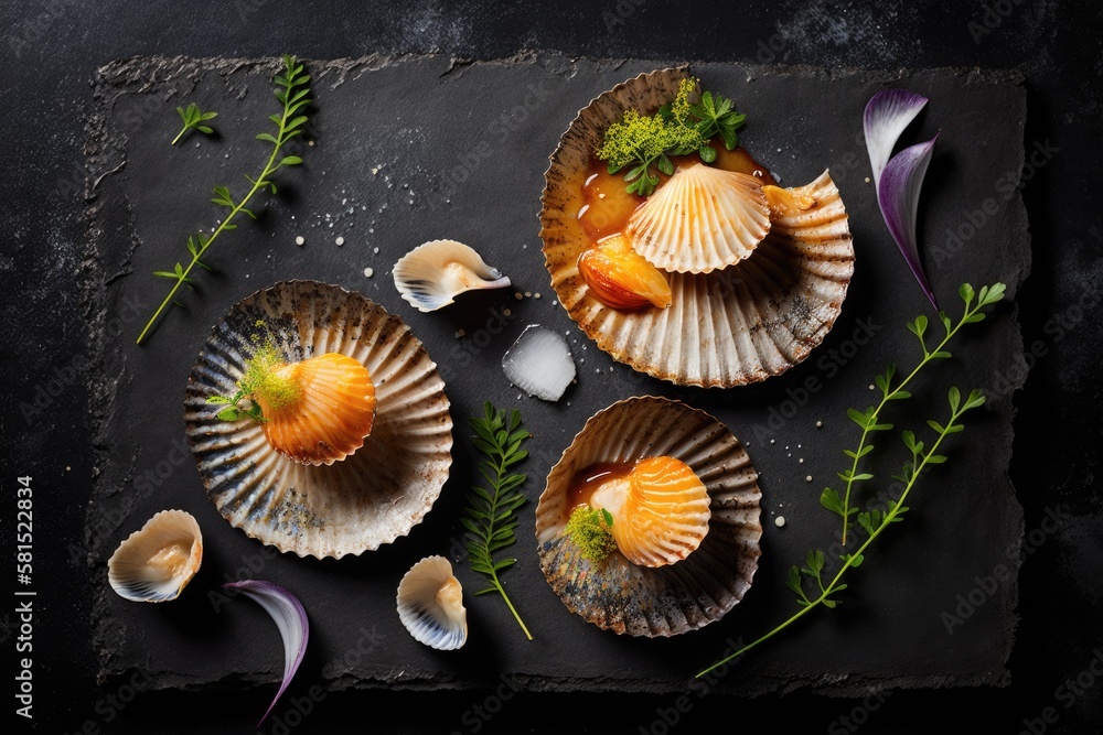 Scallops in shells and on a slate background are photographed for ...