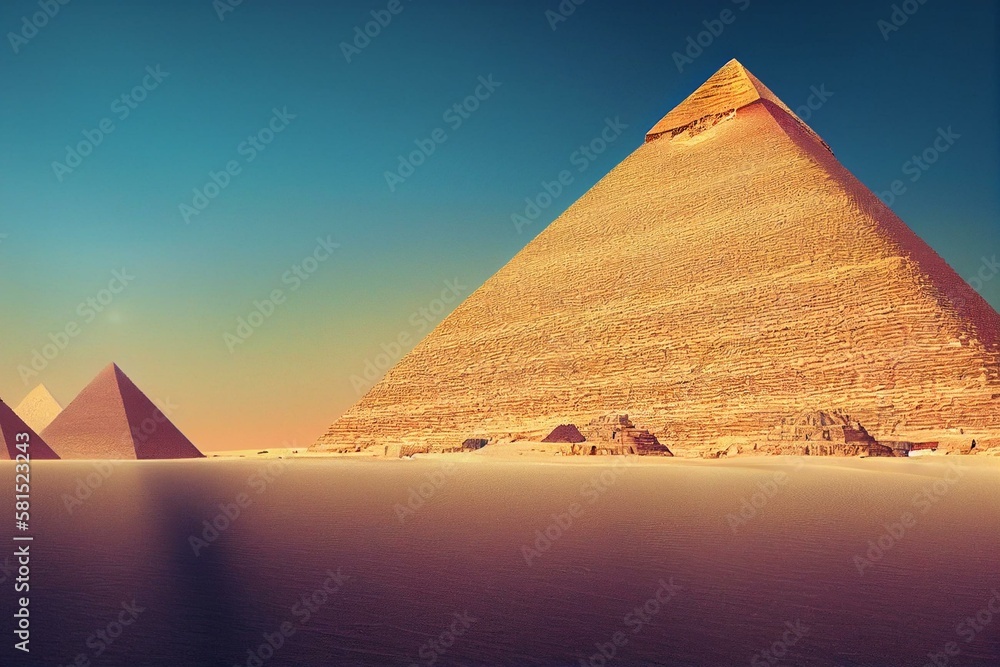 Egyptian pyramids by the lake. Giant sand pyramids. Fictional landscape ...