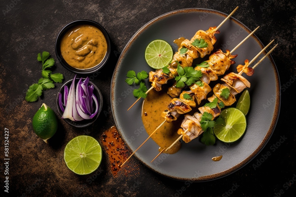 Photo & Art Print Top view of cooked chicken satay skewers with lime ...