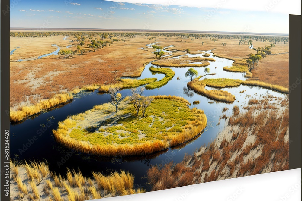 Aerial panoramic view of the Okavango Delta (Okavango Grassland), One ...