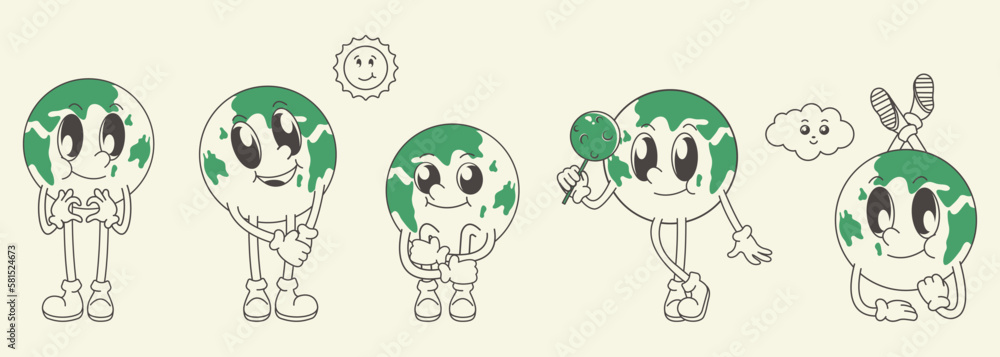 Retro earth cartoon character. Earth Day. Save planet conception. World ...