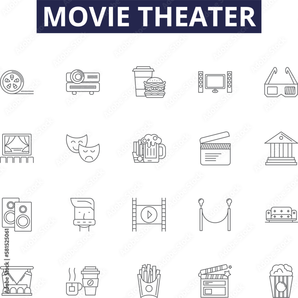 Movie theater line vector icons and signs. Theater, Showroom ...