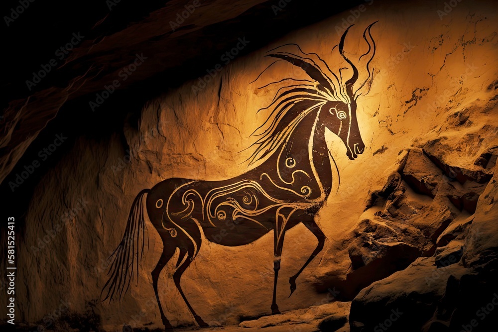 mythical creature petroglyphs on cave wall, created with generative ai ...
