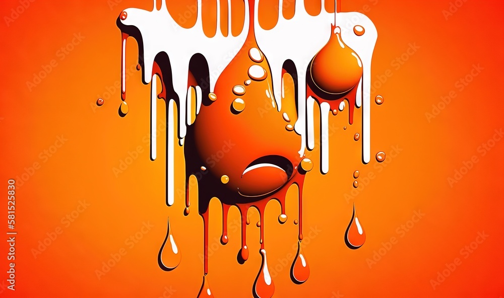 an orange and white painting of dripping liquid on a red background ...