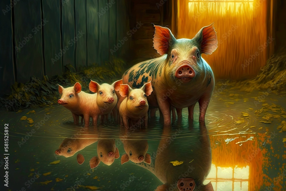 pig family climbs into puddle and bathes in water at pig farm, created ...