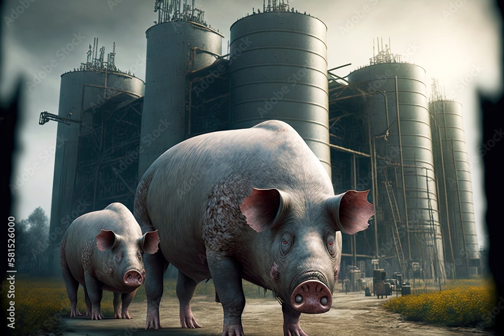 large pigs with gray skin graze on pig farm for, created with ...