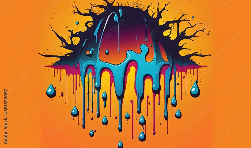 a dripping orange background with blue and purple drips on the bottom ...