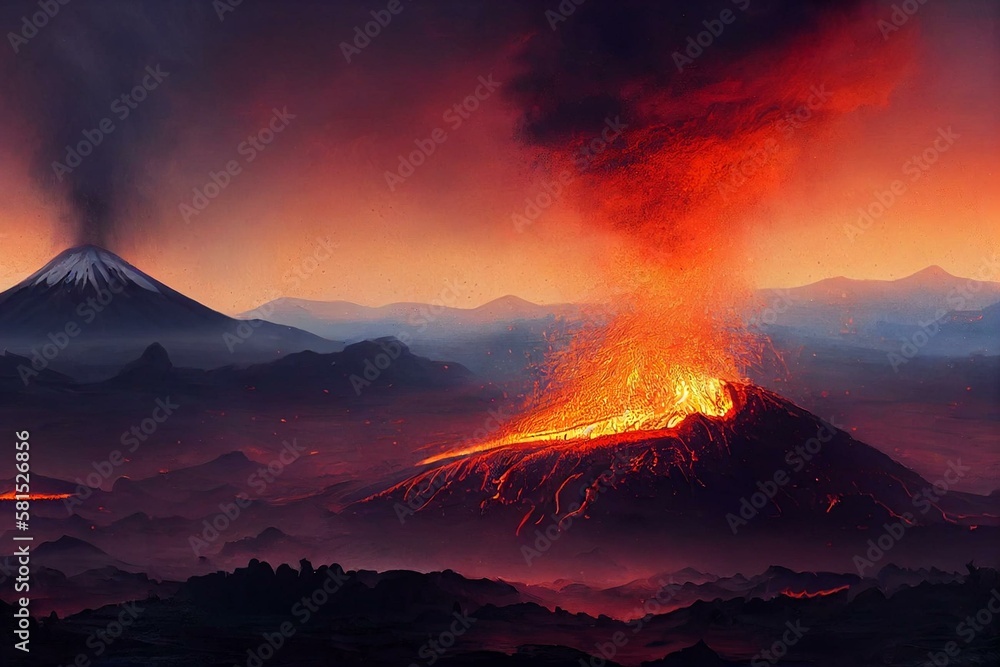 A volcano with a stream of water running through it and a fire coming ...