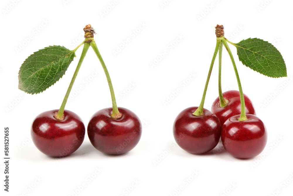 Collection of cherries with green leaf isolated on white background ...